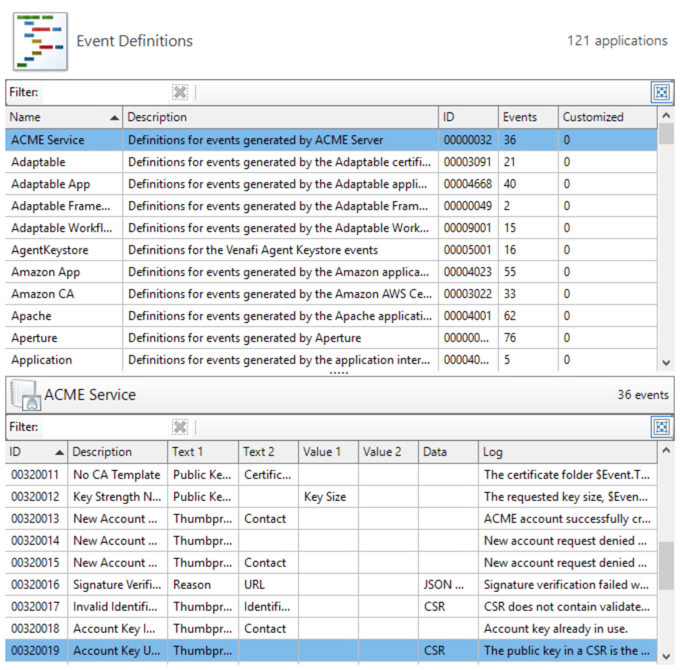 Event definitions for server components